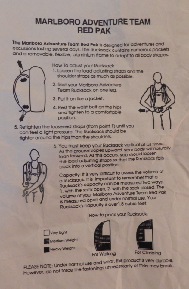 VTG 90's Marlboro Adventure Team Lge Rucksack Hiking Backpack Camping w ...