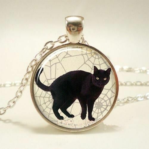 BLACK CAT WEB HALLOWEEN pendant 925 Silver 22" necklace women ladie ...