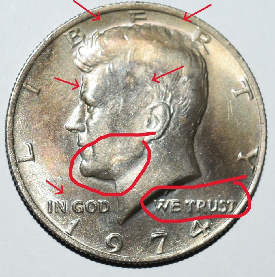 1974 Kennedy Half Dollar Coin NO MINT Mark P Rare Error Obverse and ...