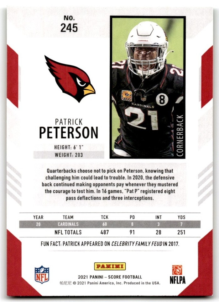 2021 SCORE TELLOW & RED PATRICK PETERSON ARIZONA CARDINALS #245 | eBay
