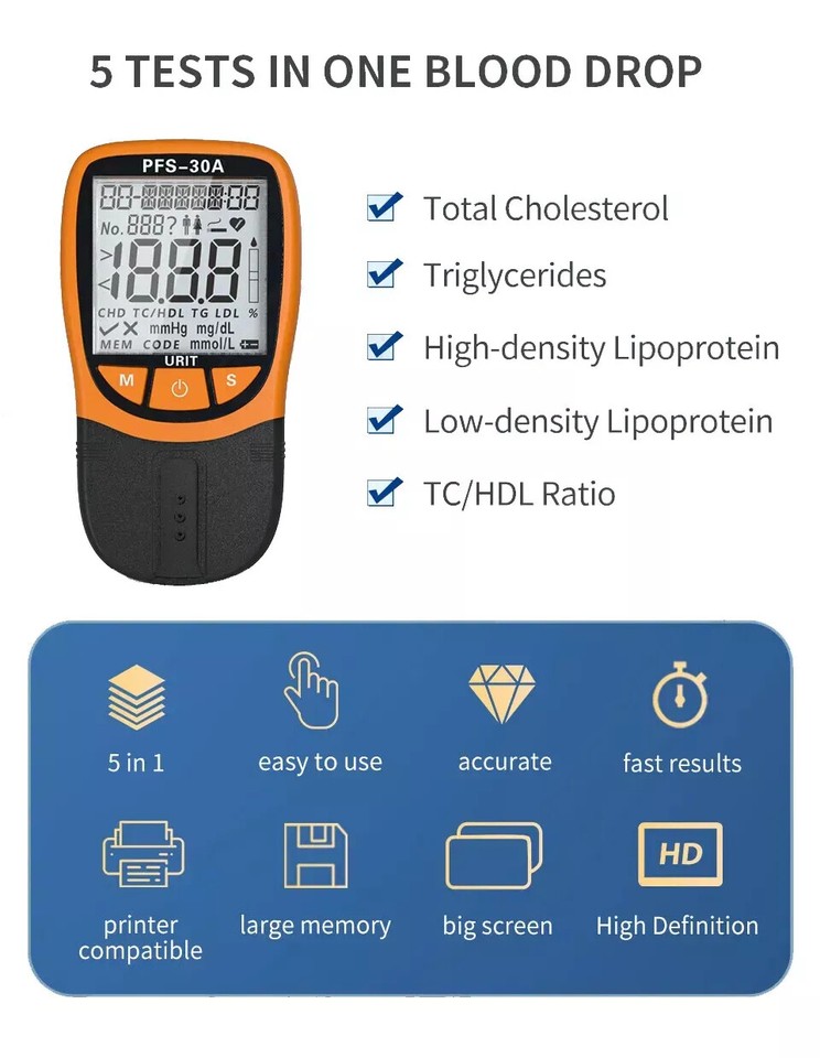 URIT 5-in-1 Lipid Meter Cholesterol Triglyceride Analyzer with 20 Test ...
