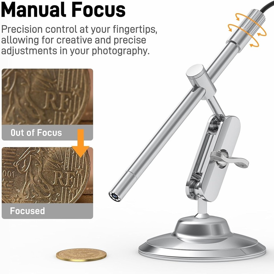 USB/USB-C Digital Microscope 10X to 200X Magnification Camera with 8 ...