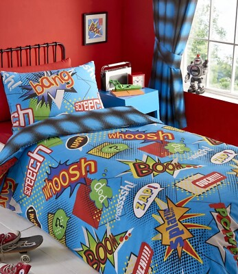 Double Bed Duvet Cover Kapow Comic Book Boys Black Blue Reversible ...