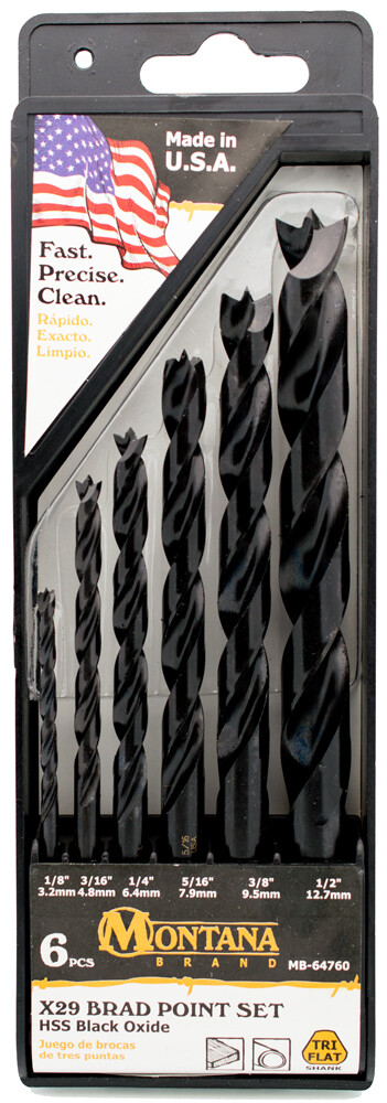 6pc X29 Brad Point Drill Set. 1/8", 3/16", 1/4", 5/16", 3/8" & 1/2 ...