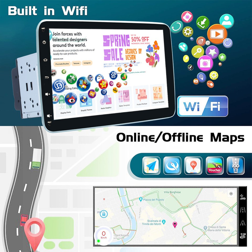 2+32G Double 2DIN Rotatable 10.1'' Android 13 Touch Car Stereo Radio ...