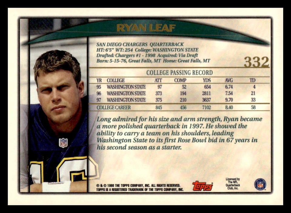 1998 Topps #332 Ryan Leaf Rookie RC | eBay