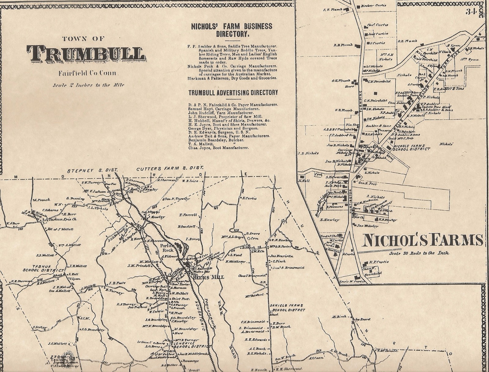 Trumbull Nichols Farms Stepney Long Hill CT 1867 Map Homeowners Names ...