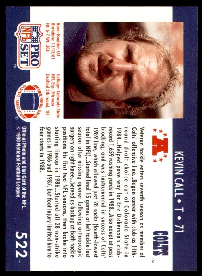 1990 Pro Set Kevin Call Rookie Indianapolis Colts #522 | eBay