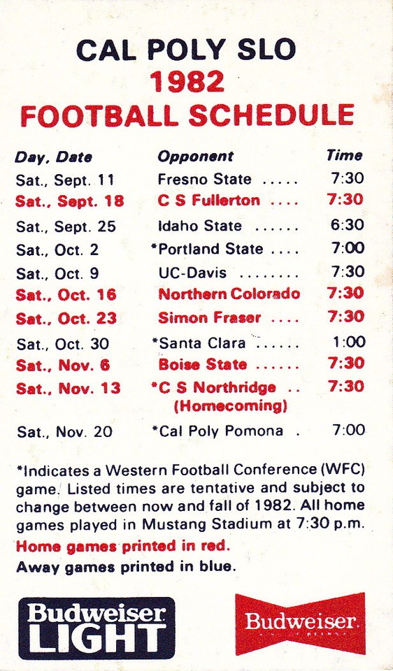 1982 CAL POLY SLO CALIFORNIA POLYTECHNIC MUSTANGS FOOTBALL POCKET ...