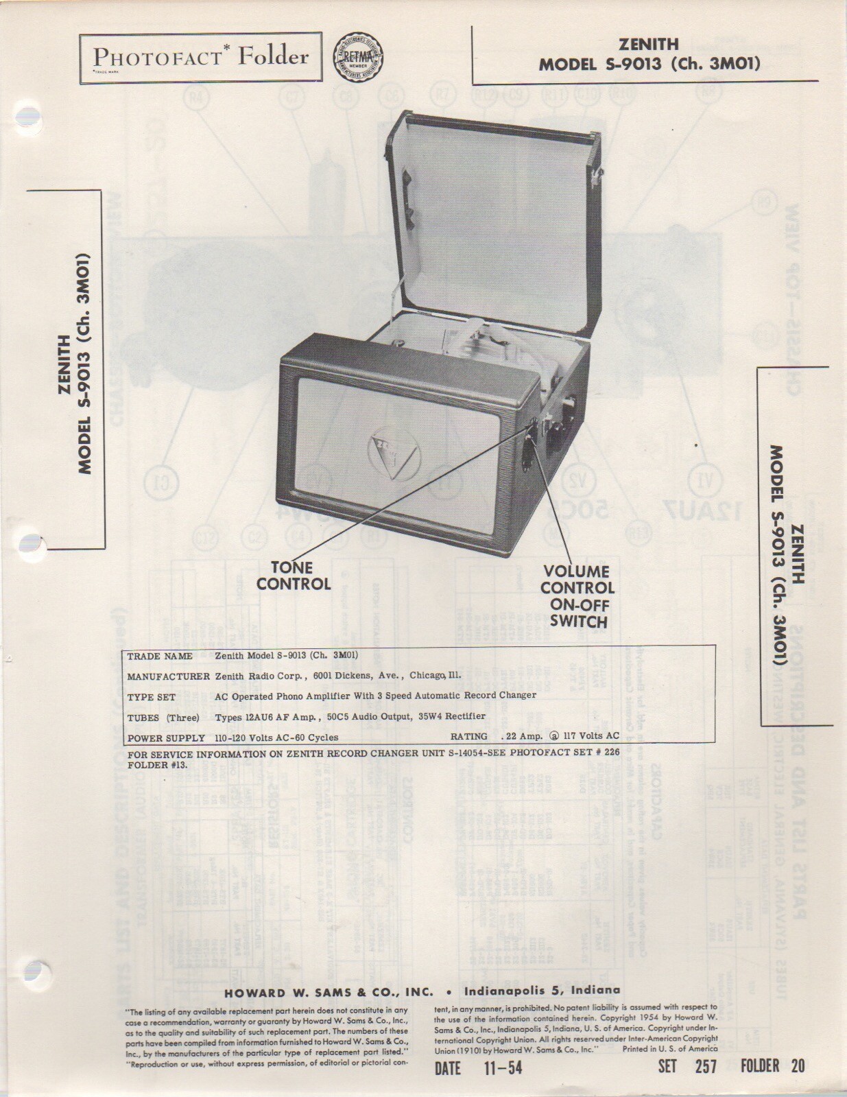 1954 ZENITH S-9013 3M01 RECORD PLAYER CHANGER SERVICE MANUAL PHOTOFACT ...