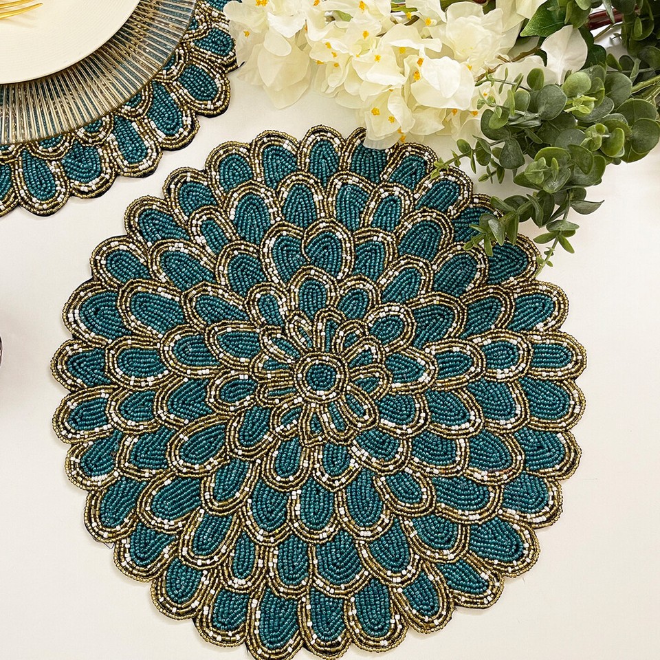 Set of 6, Handmade beaded placemat, Teal, Gold and White, table mat | eBay