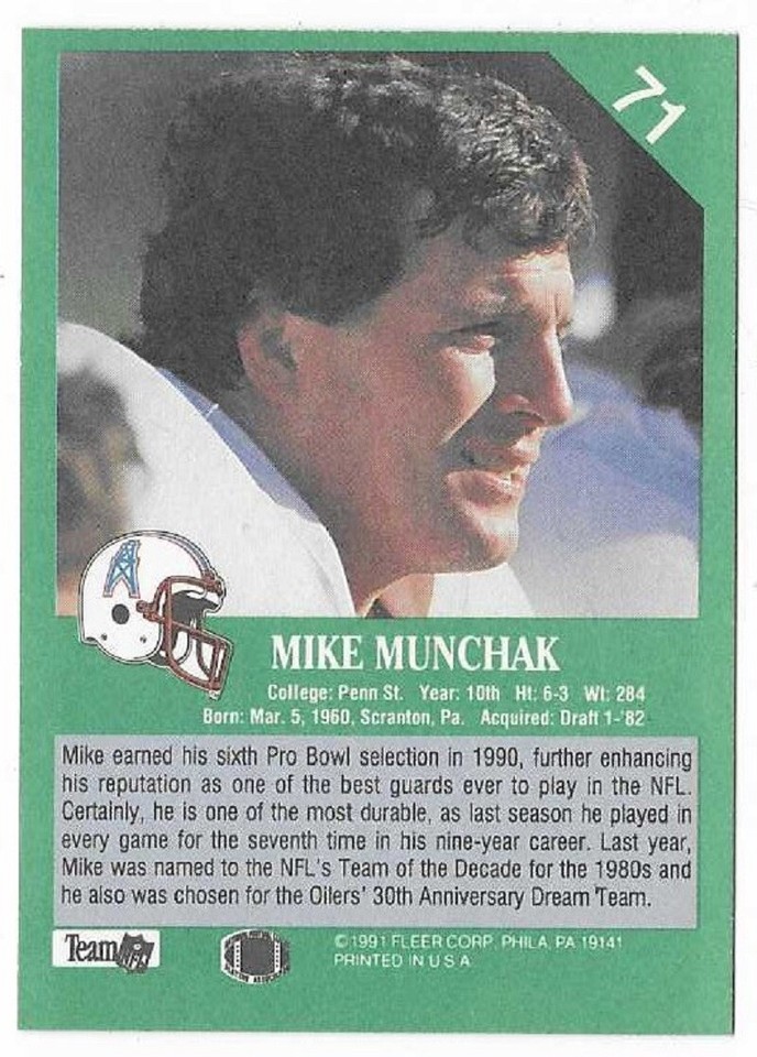 MIKE MUNCHAK 1991 Fleer Football # 71 Houston Oilers HOF NM - MT | eBay