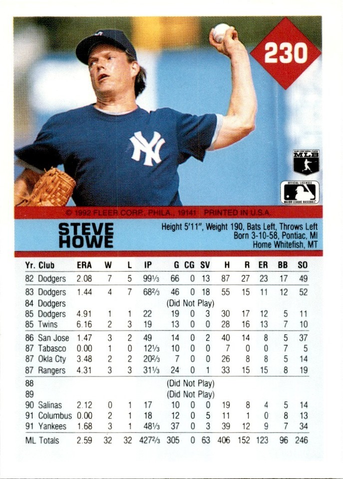 1992 Fleer Steve Howe New York Yankees #230 | eBay