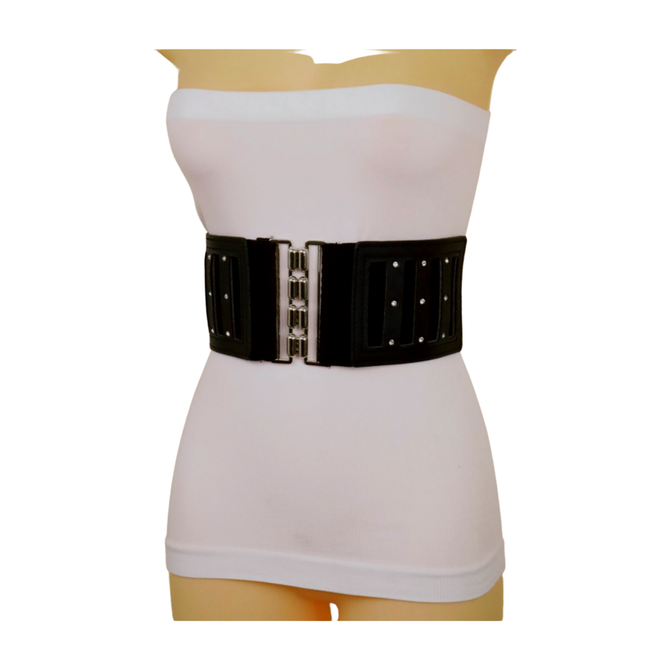 Women Black Elastic Hip High Waist Wide Fashion Belt Bling Silver ...
