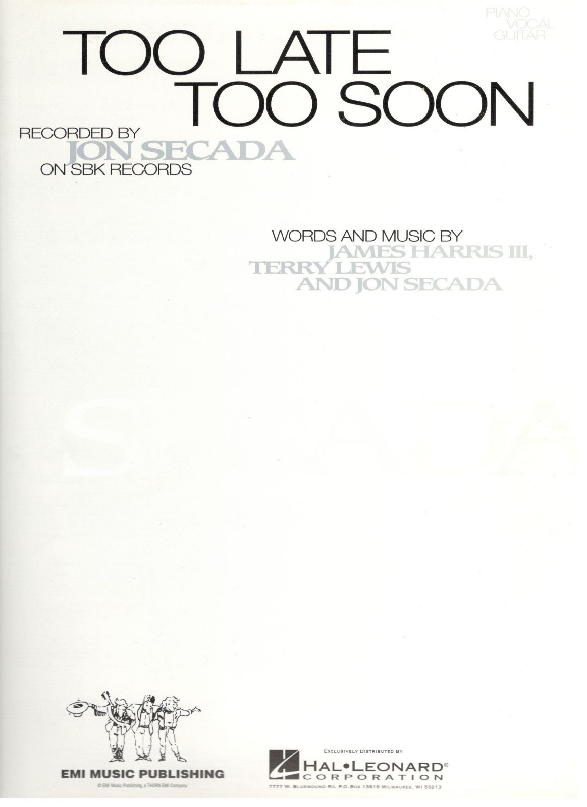 JON SECADA "TOO LATE TOO SOON" SHEET MUSIC-PIANO/VOCAL/GUITAR-BRAND NEW ...