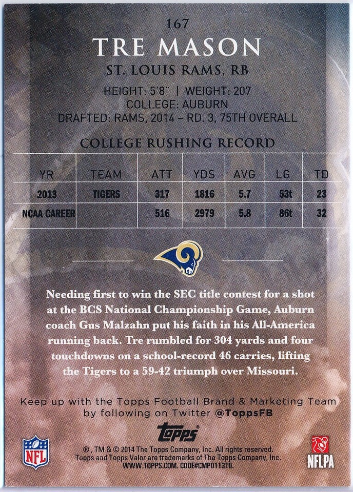 Tre Mason SPEED 2014 Topps Valor Football #167 St. Louis Rams ROOKIE | eBay