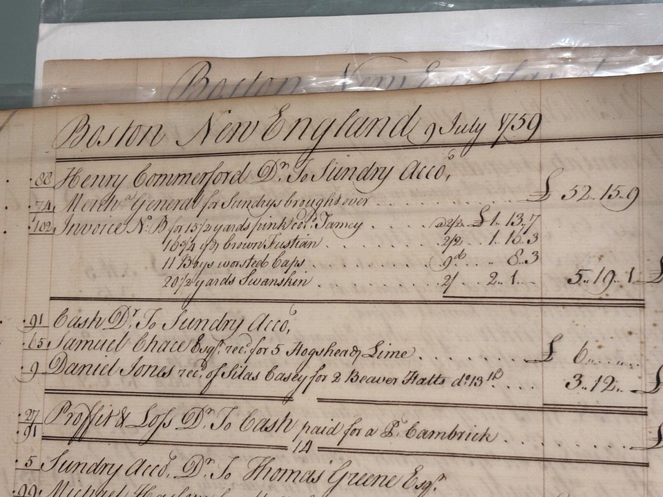 1759 Colonial Boston Ledger document Greene Family Gardner Narragansett ...