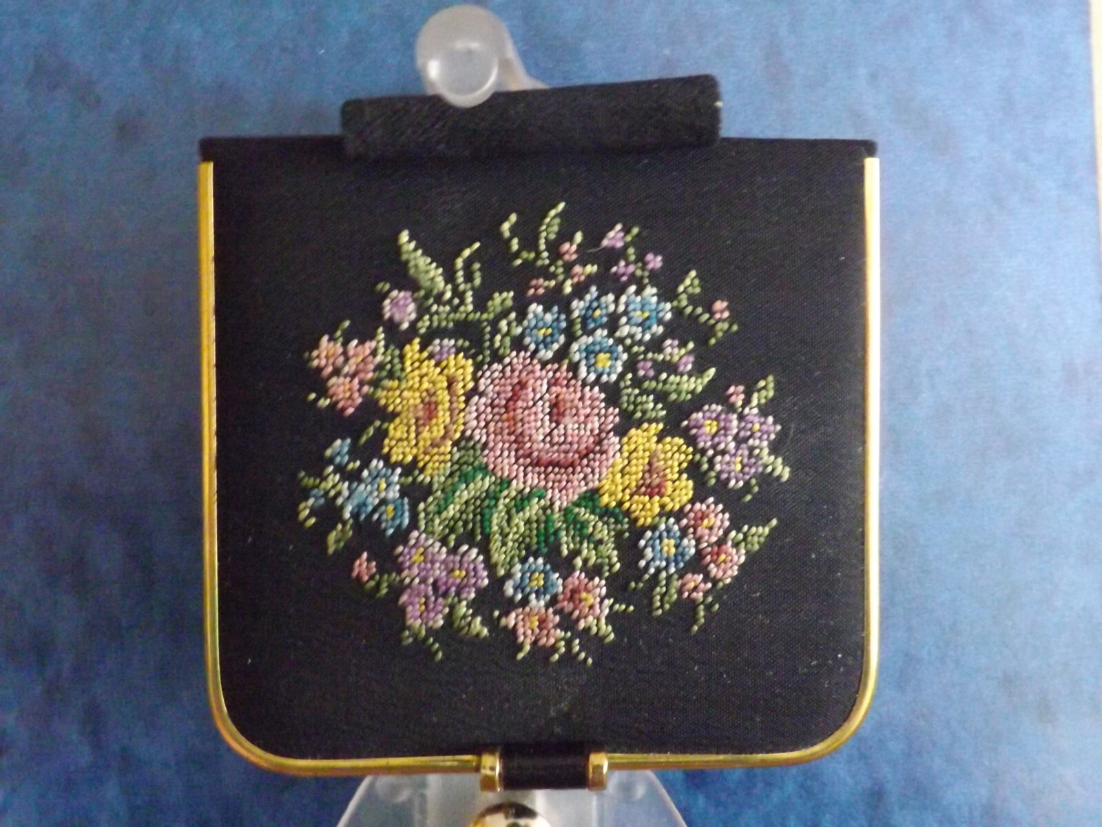 Vintage Petit Point Powder Compact Black multi Floral | eBay