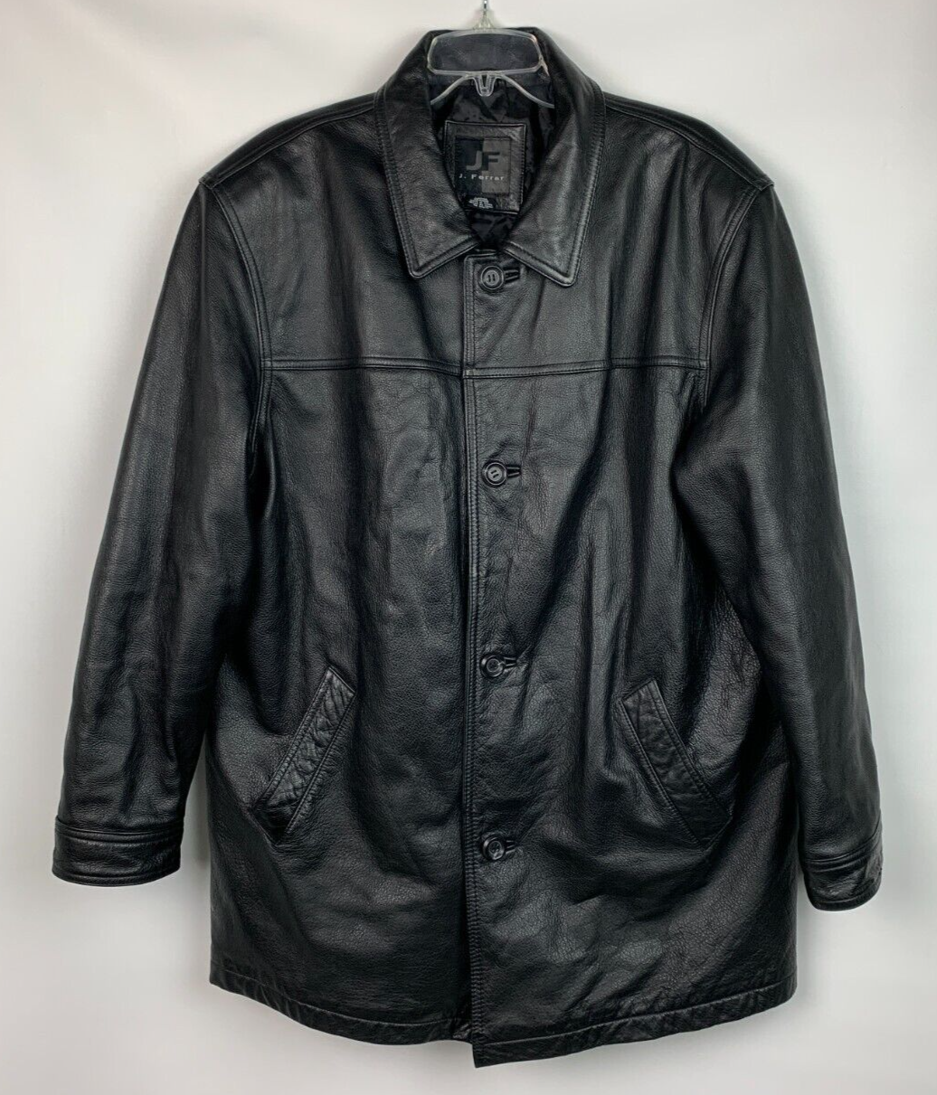 JF J. Ferrar Jacket Black Leather Collared Button Pockets Quilt Lined ...