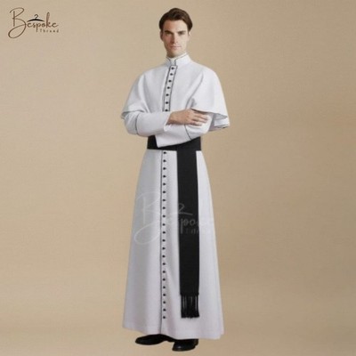 Mens White Roman Catholic Cassock Black Trim with Cape Clergy Priest ...
