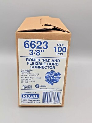 Lot of 100 Regal 6623 3/8" Flexible Cord Clamp Romex 2 Screw Connector ...