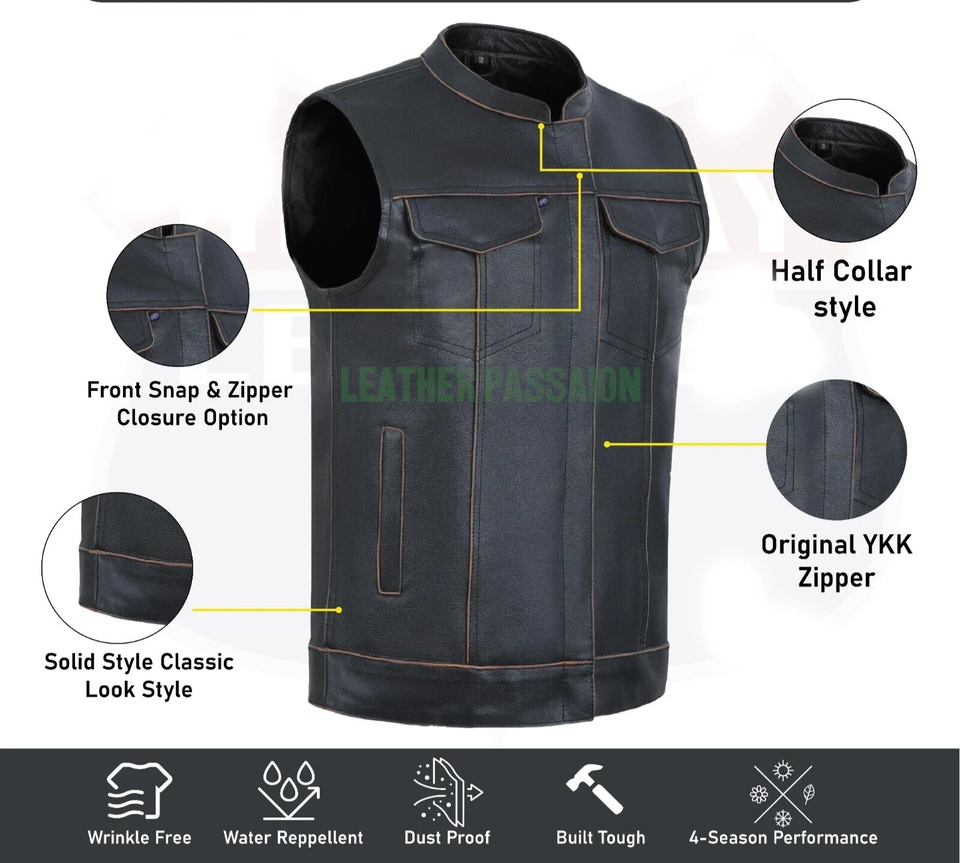 Men's Cow Rub Buff Leather Vest Anarchy Motorcycle Biker Club Concealed ...