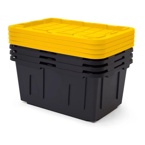 TOUGH BOX 27 Gal Stackable Storage Totes w/ Lids, Black and Yellow (4 ...