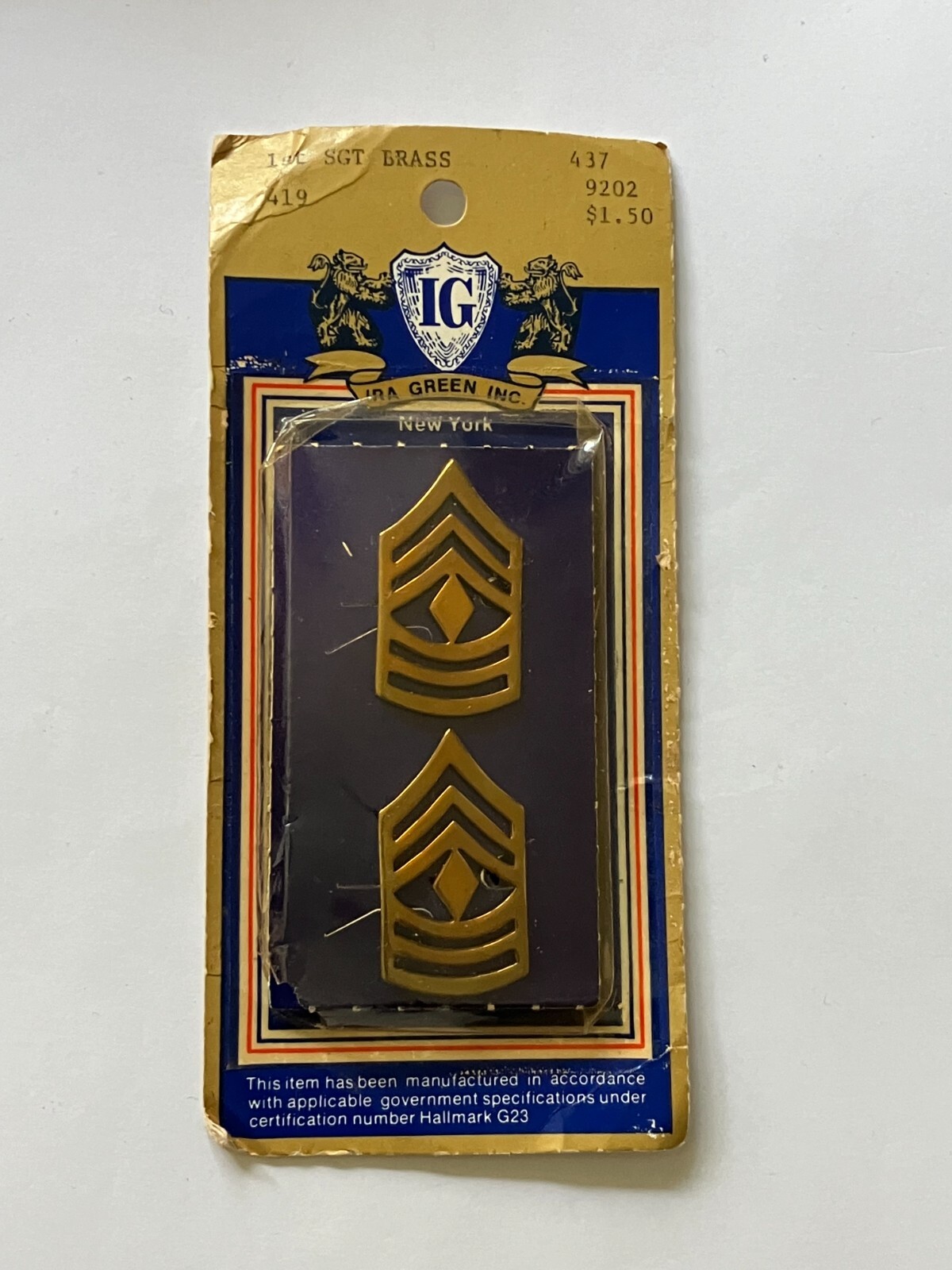 US Army 1st Sergeant brass rank badges pair in old Ira Green packaging ...