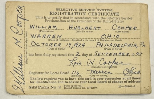 1948 Selective Service Military Certificate - SSS Form 2 - Draft Card ...