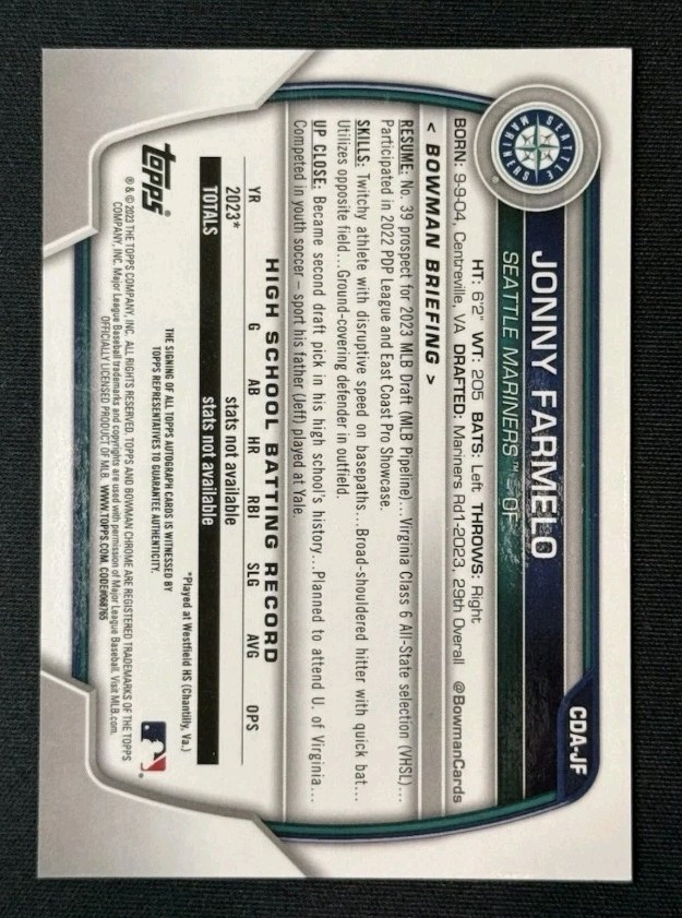 2023 Bowman Chrome Draft Jonny Farmelo 1st Bowman RC Auto #CDA-JF ...