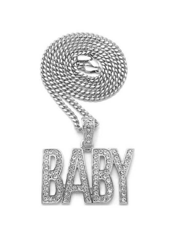 Iced Silver PT Lil BABY 4PF Pendant & 20" 24" Box Cuban Chain Hip Hop ...