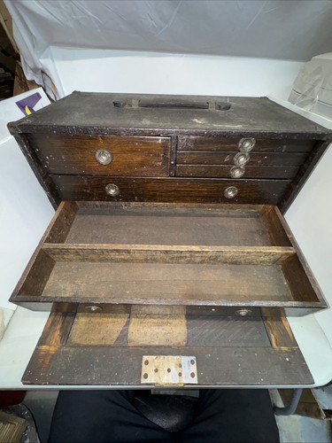 Wooden Machinist Tool Box Chest Wood Oak Toolbox 7 Drawers Starett ...