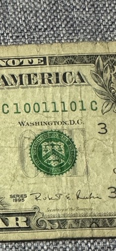 true binary 1 dollar bill VF, Circulated Condition (10011101)year 1995 ...