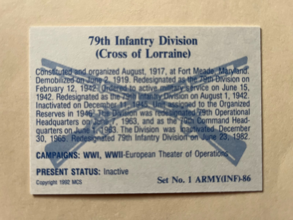 US ARMY SHOULDER PATCH COLLECTOR CARD * 79TH DIVISION * CROSS of ...