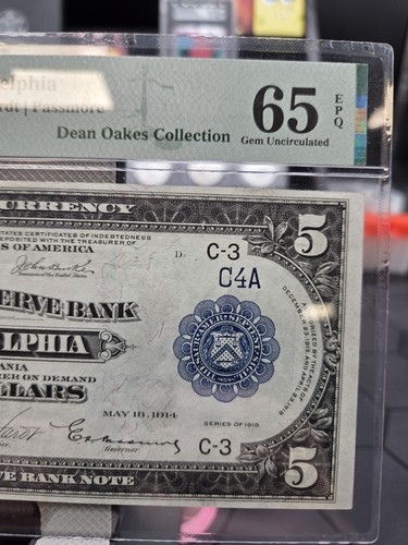 1918 $5 Federal Reserve Note Philadephia LOW SERIAL #C4! Explosive! PMG ...