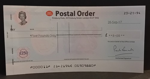 2017 UK QEII Queen Elizabeth II Post Office Postal Order Face Value = £ ...