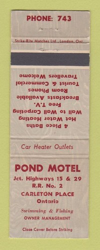 Matchbook Cover - Pond Motel Carleton Place ON | eBay