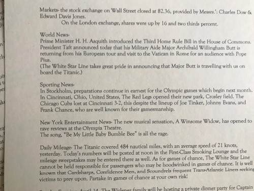 RMS TITANIC THE ATLANTIC DAILY BULLETIN APRIL 13, 1912 ON BOARD ...