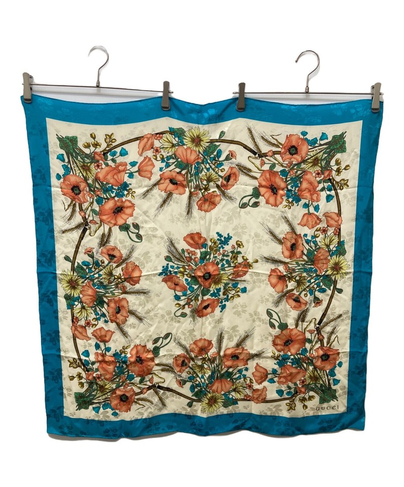 Gucci large scarf Silk Scarf 86cm 33″ bandana flower blue ivory | eBay