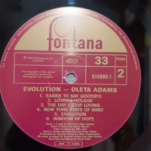 OLETA ADAMS-EVOLUTION 514965-1 ORIGINAL UK PRESS 1LP WITH PRINTED INNER ...