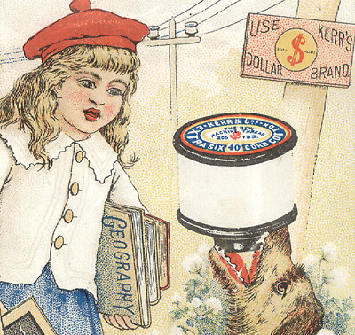 KERR THREAD CO TRADE CARD, SCHOOL GIRL & TRAINED DOG, BALANCING A LG ...