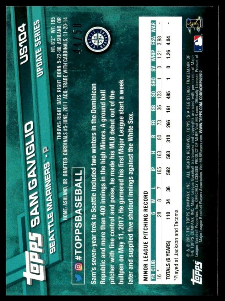 2017 Topps US104 Sam Gaviglio Seattle Mariners RC Father's Day Powder ...