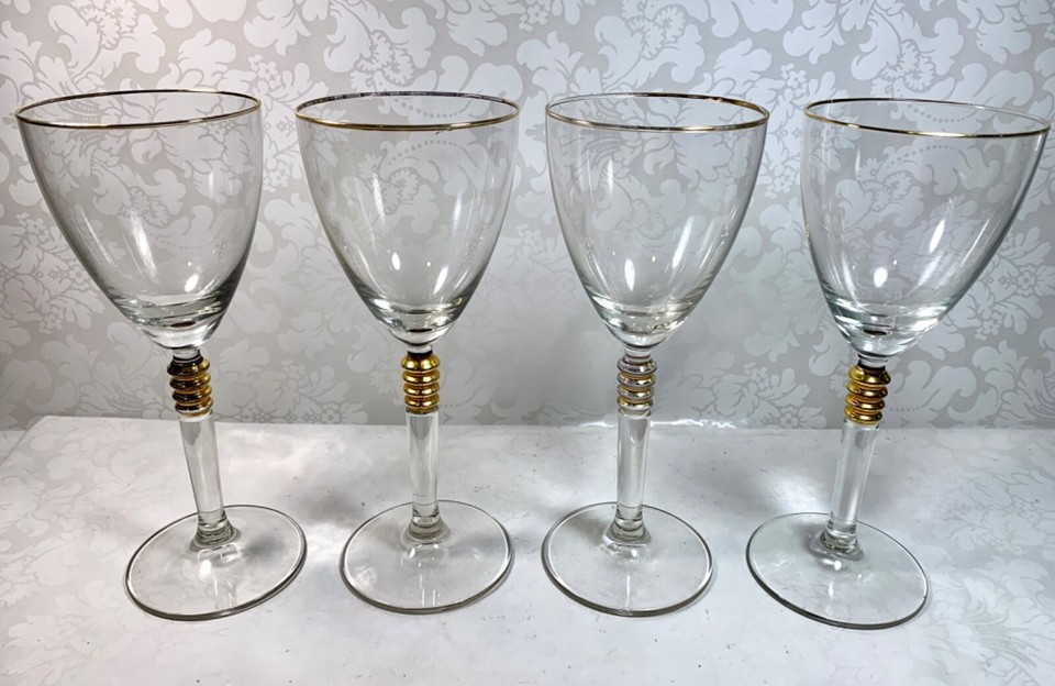Set of 4 Qualia Helix Gold Crystal Wine Goblets Gold Rims & Stem Accent ...