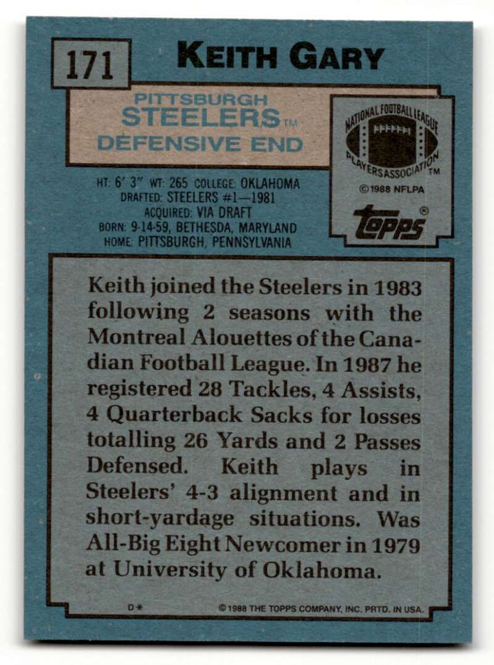 1988 Topps #171 Keith Gary Pittsburgh Steelers Football Cards EX/NM ID ...