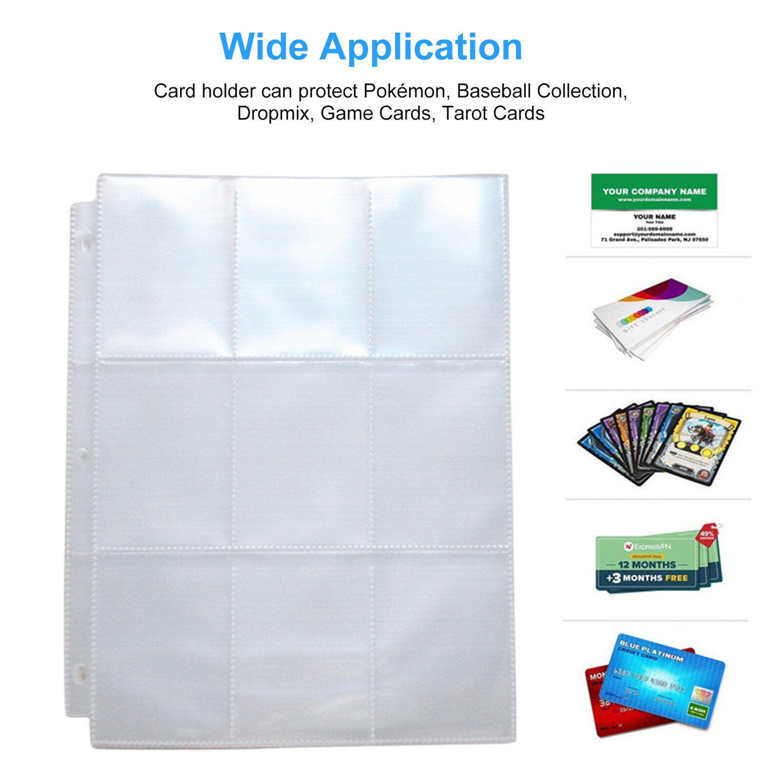 Trading Card Sleeve 9 Pocket Plastic Trading Card Pages with 3 Holes ...