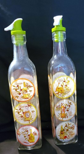 OLIVE OIL & VINEGAR CRUETS Bottle Set clear glass Tuscan Italy green ...