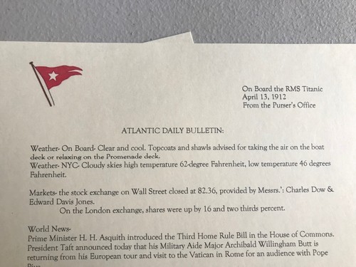 RMS TITANIC THE ATLANTIC DAILY BULLETIN APRIL 13, 1912 ON BOARD ...