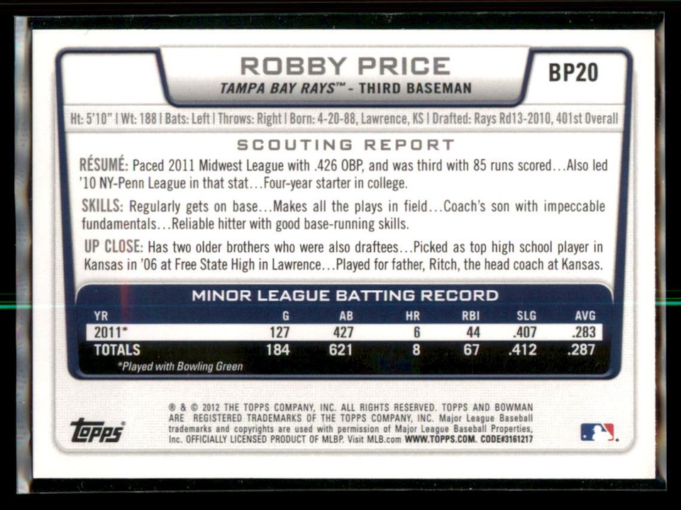 2012 Bowman Prospects Robby Price #BP20 Tampa Bay Rays | eBay