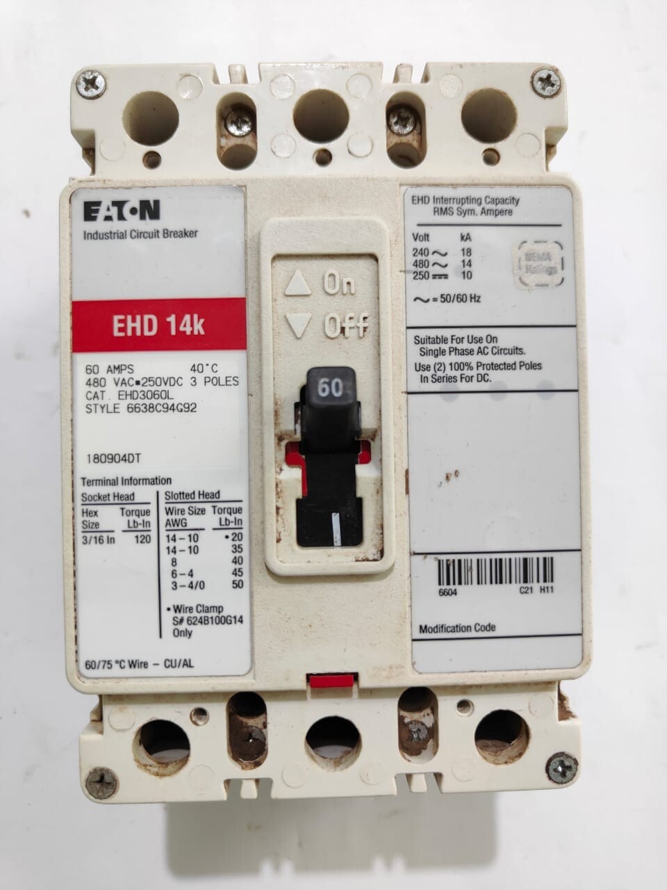 Eaton EHD3060BP10 60 Amp 3 Pole 480V EHD 14K Circuit Breaker | eBay