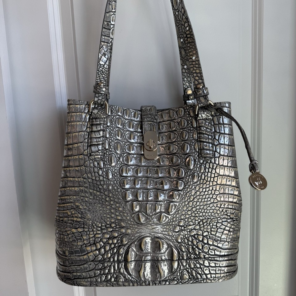 Brahmin Fiora Shoulder Bucket Tote Chrome Silver Metallic Leather | eBay